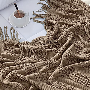 jinchan Knit Throw Blanket Taupe Soft Couch Throw Blanket with Tassels Spring Bed Throw Blanket Indoor Outdoor Travel Warm Coverlet for Sofa Comforter Living Room Decor Nursery Gift 50 x 60 inch