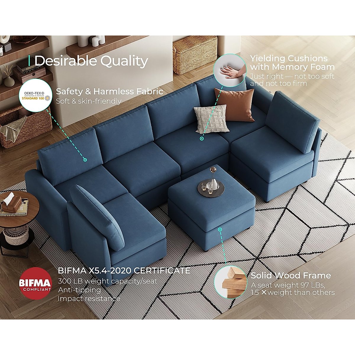 LINSY HOME Modular Sectional Sofa, U Shape Oversized Sofa Couch with Storage, Memory Foam, Modular Sectionals with Ottomans, 7 Seat Living Room Furniture Sofa Sets with Chaise, Blue