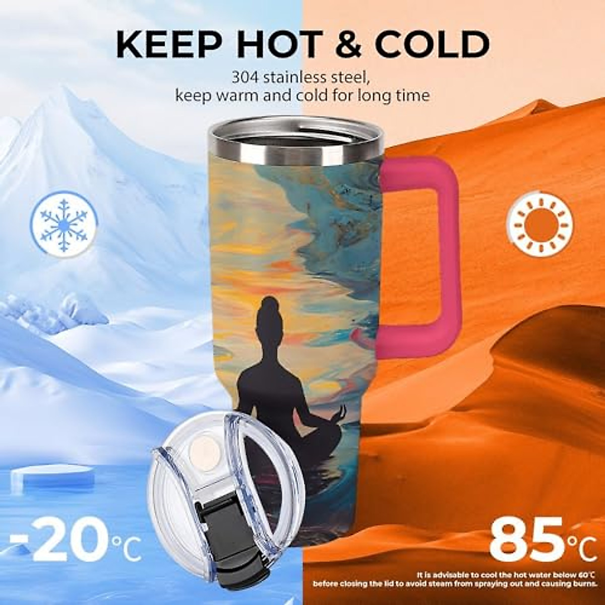 Meditation in Psychedelic River 40oz Water Bottle Double Wall Insulated Tumbler with Handle Leakproof Travel Mug Light Rose Red-style