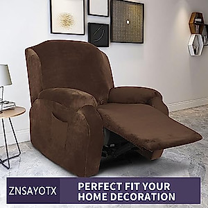ZNSAYOTX Stretch Velvet Recliner Covers 4-Pieces, Thicker Soft Plush Recliner Chair Slipcover with Side Pockets, Washable Luxury Dog Cat Pets Proof Reclining Protector (Recliner, Dark Coffee)