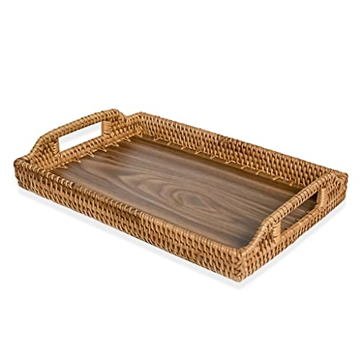 Rattan Decorative Tray with Natural Wood - Coffee Table/Ottoman Tray - Vanity Tray - Fruit Basket - Serving Tray (Small)
