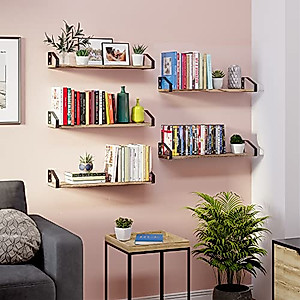 Wallniture Braga 24" Floating Shelves, Bookshelf Wall Decor Living Room Bathroom Shelves Over Toilet, Bedroom Kitchen Organization, Burnt Finish Set of 5