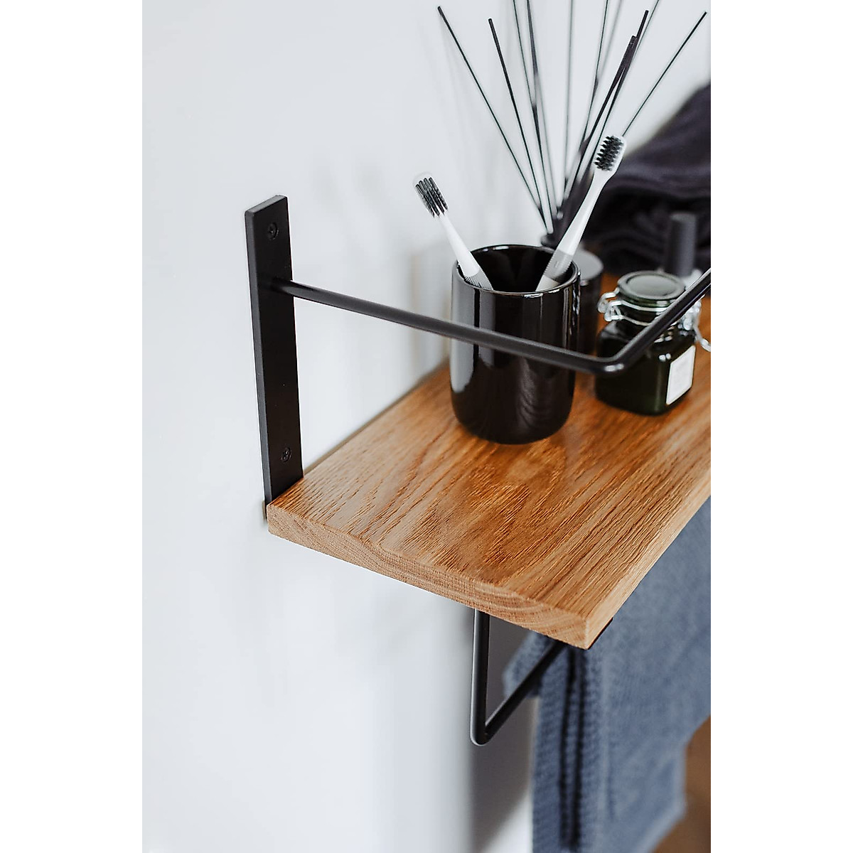 Wood Floating Shelves with Metal Towel Bar, Oak Kitchen Wall Storage Towel Rack, Bathroom Towel Holder, Wall Mounted Steel Towel Rack ETHIMO Classic I