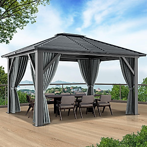 Raysfung 10' x 12' Hardtop Gazebo, Galvanized Steel Roof Gazebo with Netting and Curtains, Outdoor Permanent Pavilion for Patio, Garden, Backyard