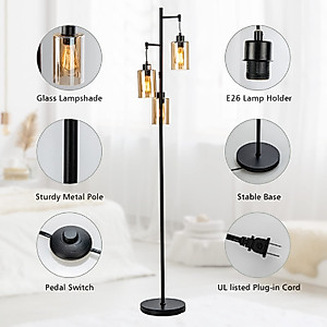 Tangkula 3 Lights Floor Lamp, Retro Floor Lamp with 3-Head Hanging Amber Glass Shade, Foot Switch, Metal Base, Industrial Floor Lamp for Living Room Bedroom Office (Black)