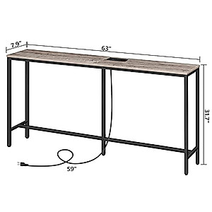 ALLOSWELL Console Table with Power Outlet, 63" Narrow Sofa Table and Bar Stools Set, Rectangular Industrial Bar Chairs, CTHG16E01-BAHG0101