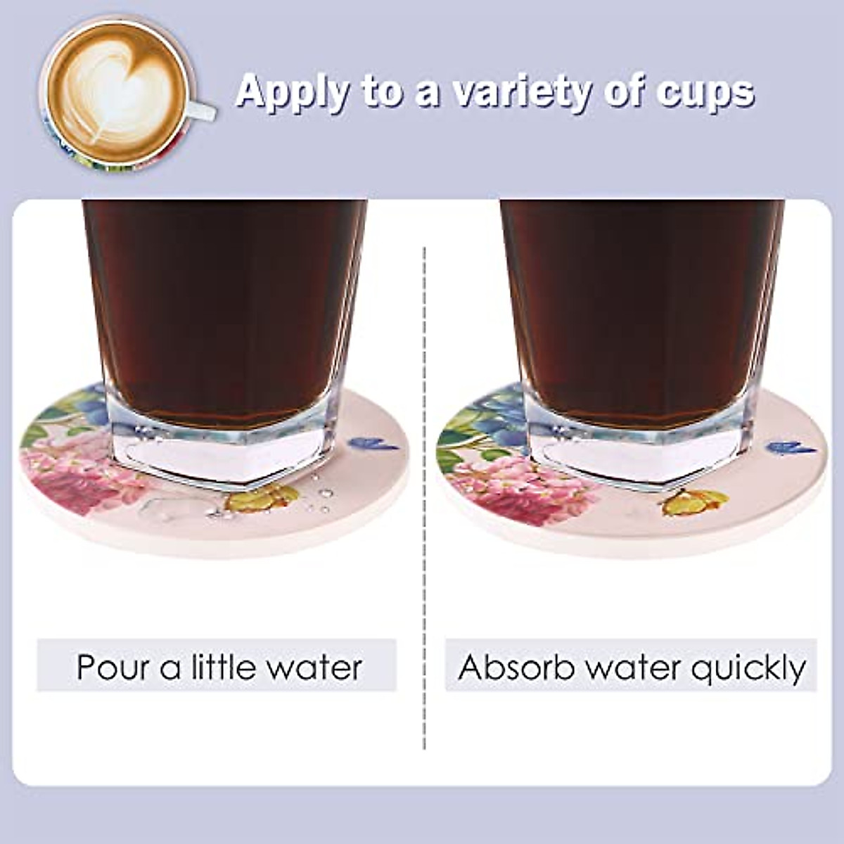 Newsparkle Hydrangeas Coasters,Flower Coasters,Floral Coasters Absorbent, Set of 6 Ceramic Cock Coasters,4 Inch