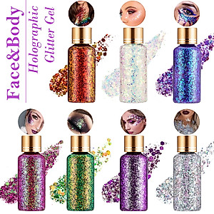 Holographic Body Glitter Gel for Face, Body, Nail, Super Long Lasting Waterproof Quick Dry Liquid Chunky Glitter Eyeshadow for Rave Festival Party Makeup Accessories, 1oz (Mermaid White)