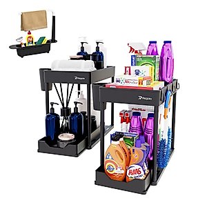 Regoia Under Sink Organizer and Storage 2 Pack with 1 Sponge Holder for Kitchen Sink, 2-Tier Sliding Bathroom Organizers and Storage, Kitchen Countertop Organization with Hooks and Hanging Cup, Black