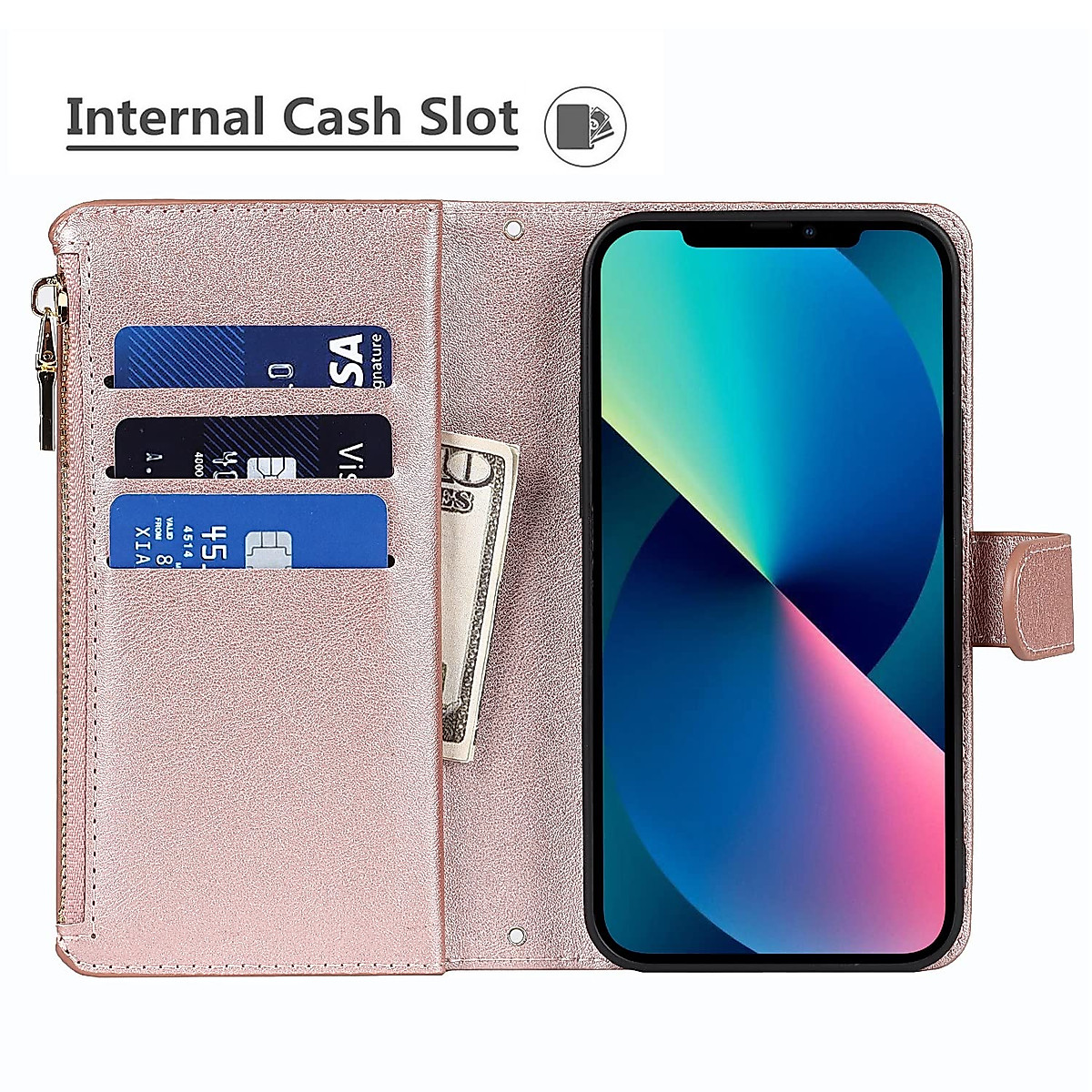 iCoverCase for iPhone 13 Wallet Case with Card Holder and Adjustable Crossbody Lanyard, PU Leather Kickstand Card Slots [Not Detachable] Flip Cover Case 6.1 Inch (Rose Gold)