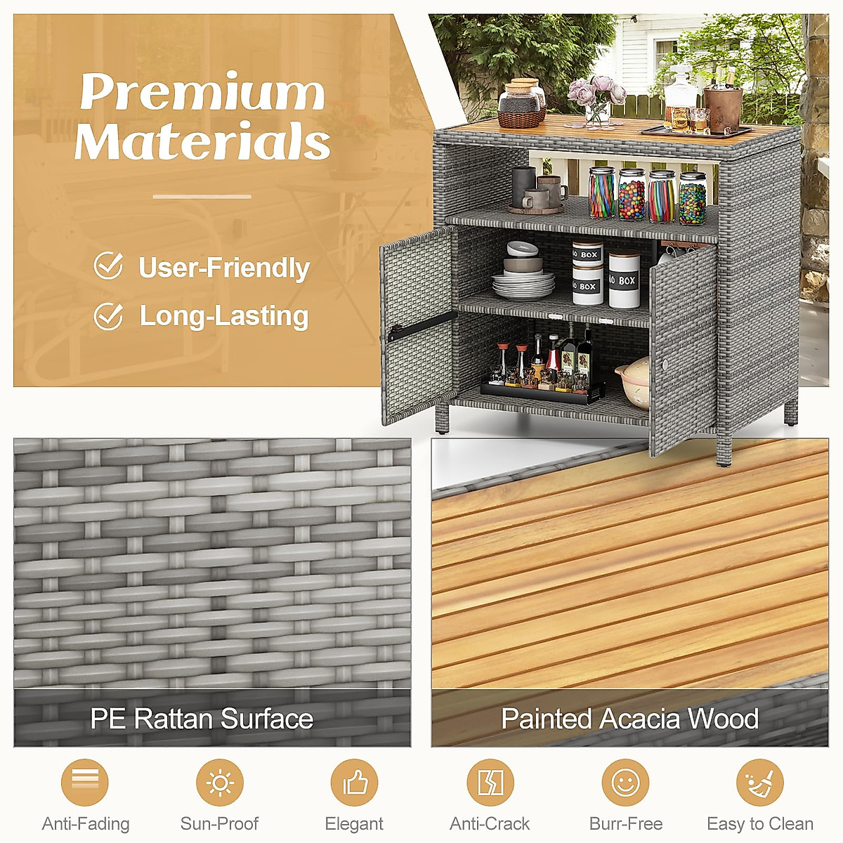 Tangkula Rattan Storage Cabinet, Outdoor Patiojoy Buffet Cabinet with Acacia Wood Countertop, Open Compartment & Enclosed Cabinet, 2-Door Wicker Sideboard, Storage Organizer for Poolside (Mix Grey)