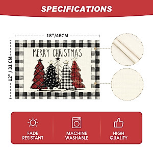 Artoid Mode Waterclor Buffalo Plaid Christmas Trees Placemats Set of 4, 12x18 Inch Winter Table Mats for Outdoor Home Party Kitchen Dining Decor