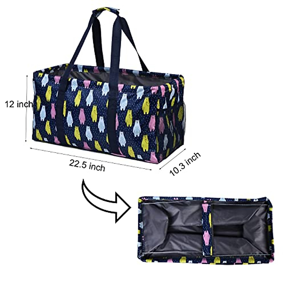 Extra Large Utility Tote Bag Beach Bag Reusable Grocery Bags Collapsible Tote with Wire Frame for Groceries Storage Picnic Blue bear