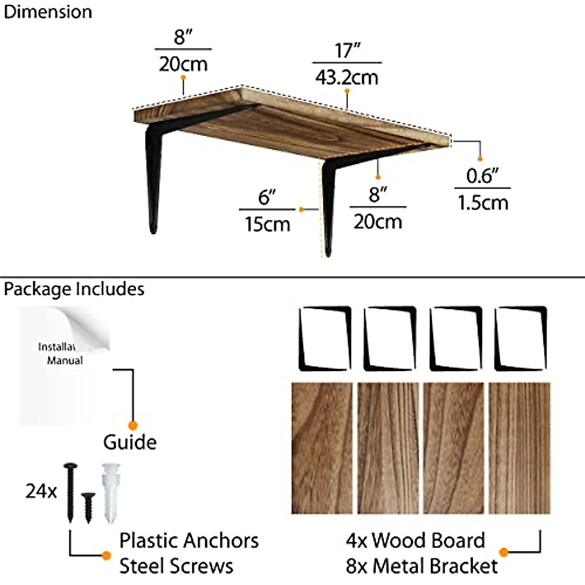 Wallniture Arras Floating Wall Bookshelves for Living Room Decor Laundry & Kitchen Organization Office Decor 17"x8" Wall Shelf Set of 4, Burnt Finish