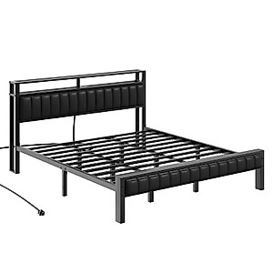 AMERLIFE King Size Platform Bed Frame, LED Bed Frame with PU Leather & Charging Station, 2-Tier Storage Headboard/No Box Spring Needed/Noise Free, Black