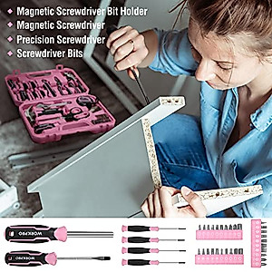 WORKPRO 52-Piece Pink Tools Set, Household Tool Kit with Storage Toolbox, Basic Tool Set for Home, Garage, Apartment, Dorm, New House, Back to School, and as a Gift - Pink Ribbon