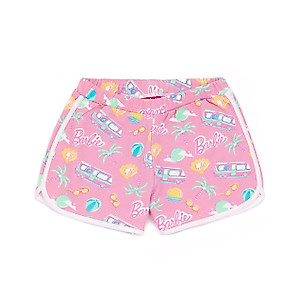 Barbie Girls 2 Piece Co-Ord | Kids Pink All Over Print Vest & Shorts Set | Palm Trees Sunglasses Summer Holiday Beach Daywear