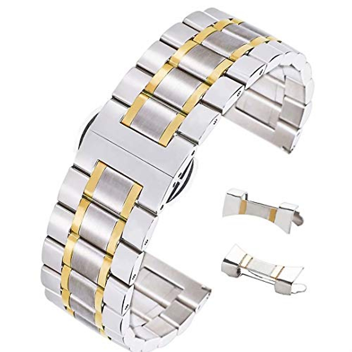 22mm Universal Two Tone Smart Watch Band Strap Solid 304 Stainless Steel in Silver and Gold Curved End