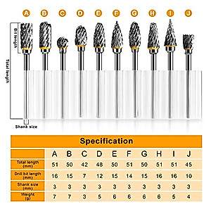 TianTac Tungsten Carbide Rotary Burr Set 10pcs, Carving Burr Bits, with 3mm Shank 6mm Bit for Wood & Stone Carving, Steel Metal Working