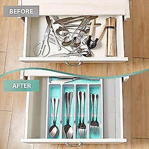 Joequality Silverware Organizer with Icons，Plastic Cutlery silverware Tray for Drawer，Utensil Flatware Tableware Organizer for Kitchen with Non-slip TPR,Fits Standard Drawer,5-Compartment，Mint