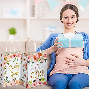 16 Pack Baby Shower Party Favor Bags Baby Shower Party Favors Baby Girl Treat Bags Floral Theme Pink Candy Goodie Bags Kraft Wrap Bags with Handles for Girls Baby Shower Party Decorations Supplies