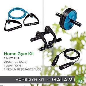 Gaiam Home Gym Kit Equipment Set for Men and Women - Includes Ab Wheel, Jump Rope, Push-Up Bars, Resistance Band with Handles, and Complimentary Exercise Guide - for Total Body Workout at Home