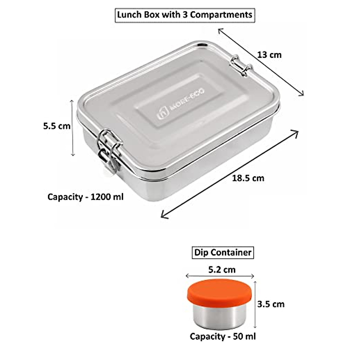 MORE-ECO Stainless Steel Leak Proof Bento Box With Three Sections And 50 Ml Dip Container. 1200 ML Stainless Steel Lunch Box Dishwasher Safe Silver 18.5 CM X 13 CM X 5.5 CM
