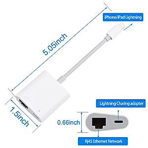 Lightning to Ethernet Adapter with Charging for iPhone/iPad [Apple MFi Certified] 2 in 1 RJ45 Ethernet High Speed iPhone LAN Network Adapter Support 100 Mbps Ethernet Network
