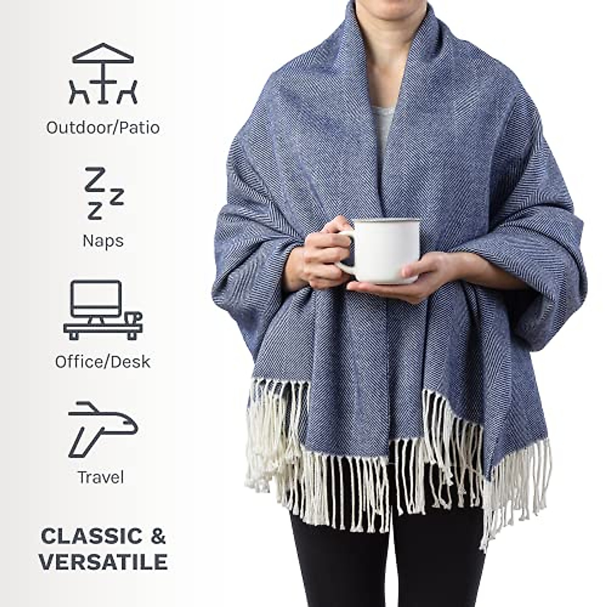 Herringbone Blanket - Chevron Pattern - Turkish Boho Chic - Soft Woven Throw Blanket with Decorative Fringe - Lightweight for Bed, Sofa, Chair, Office, Outdoor - 50 x 60 in. (Navy Blue)