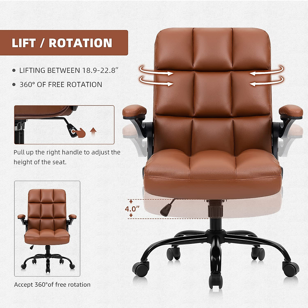 YAMASORO Office Chair Home Desk Chairs with Wheels Executive PU Leather Swivel Chair with Adjustable Height and Flip-up Arms for Adult and Teens,Portable Brown