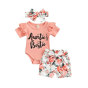 Newborn Baby Girl Auntie Outfits Auntie's Bestie Short Sleeve Ribbed Romper Floral Shorts Clothes with Headband (A-Pink, 3-6 Months)