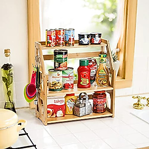 Bekith 3 Tier Bamboo Spice Rack Storage Shelves, Kitchen Countertop Organizer with Hooks, Standing Pantry Shelf, Adjustable Vanity Shelf Desk Bookshelf for Bedroom, Bathroom & Office