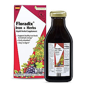 Floradix, Iron & Herbs Vegetarian Liquid Supplement, Energy Support for Women and Men, Easily Absorbed, Non-GMO, Vegetarian, Kosher, Lactose-Free, Unflavored, 8.5