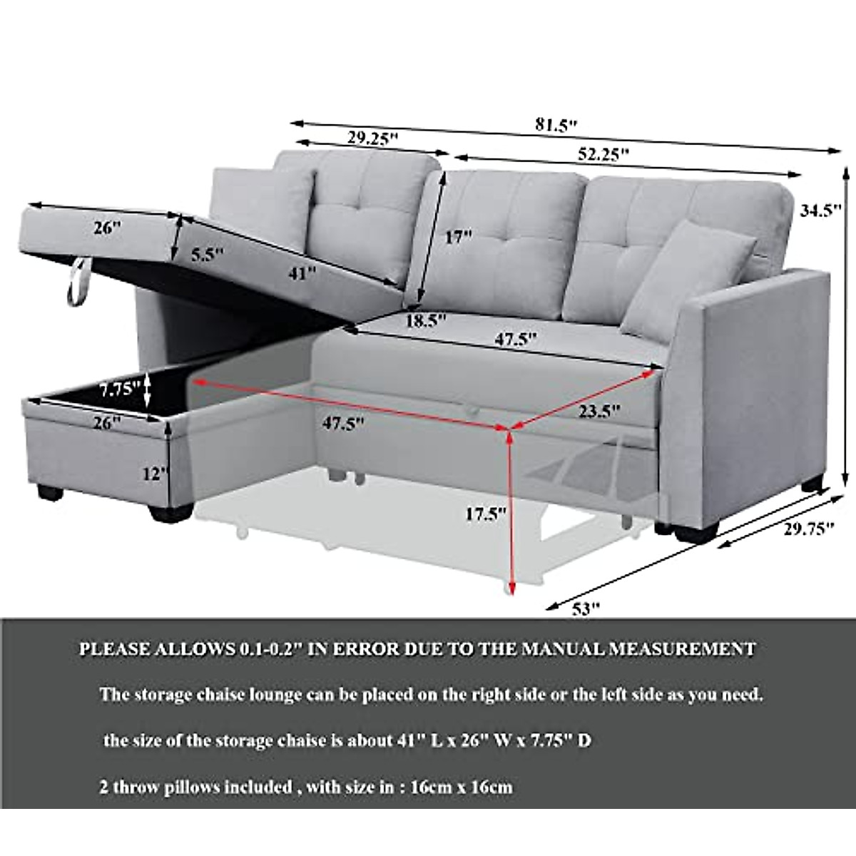 Sleeper Sectional Sofa Pull Out Sofa Bed for Small Spaces Small Sectional Couch Bed for Living Room with Storage Chaise for Apartment Bedroom,Guest Room, Grey