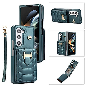 XIMAND for Samsung Galaxy Z Fold 5 Wallet Case with 2 Card Slots,Shockproof and Skin-Like Soft Leather,Stylish and Luxurious Perfect for Women.(DarkGreen)