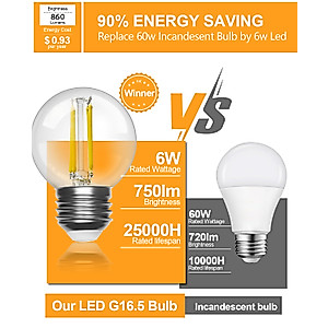 【Upgraded】 E26 Led Bulbs 60 watt G16.5 Led Light Globe Small Light Bulb, Warm White 2700K, Vintage Edison Bulb, Led Edison Bulb 6W for Celling Fan Vanity Light CRI 90+ 750LM, Non-Dimmable, 4-Pack