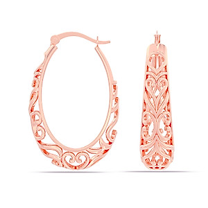 LeCalla 925 Sterling Silver Hoop Earrings Italian 14K Rose-Gold Plated Oval Filigree Hoops Earring Click-Top Lightweight Jewelry for Women - 32MM