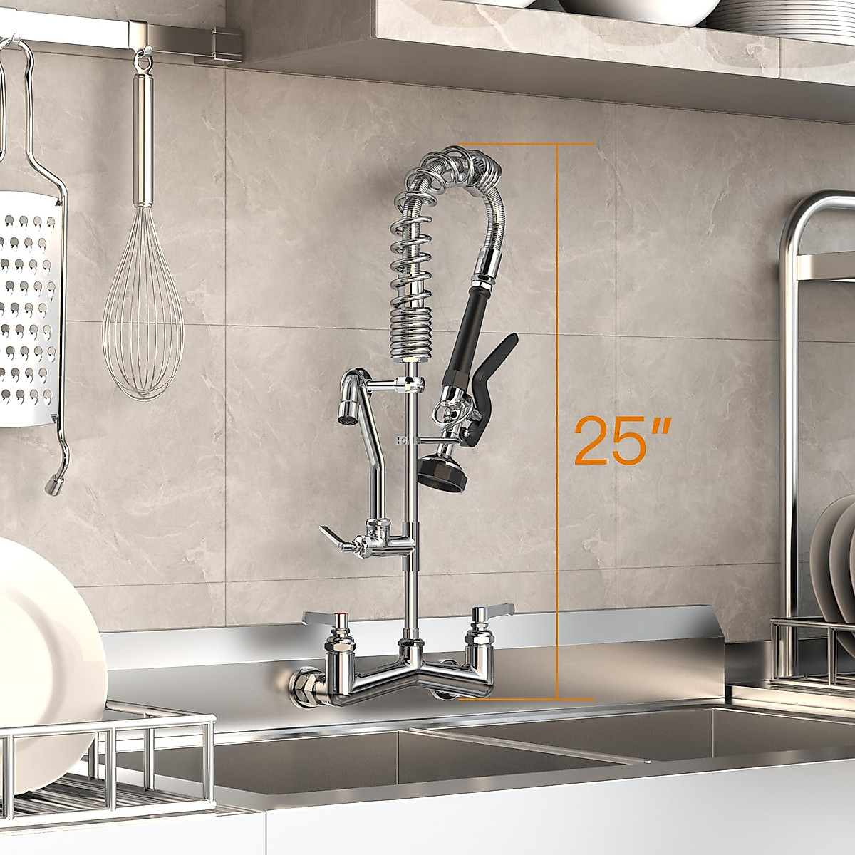 FAUAID Commercial Sink Faucet with Sprayer 25" Height 8" Adjustable Center 10" Swing Spout,Brass Constructed Wall Mount Commercial Faucet with Pull Down Pre-Rinse Sprayer for 1/2 Compartment Sink（25"）