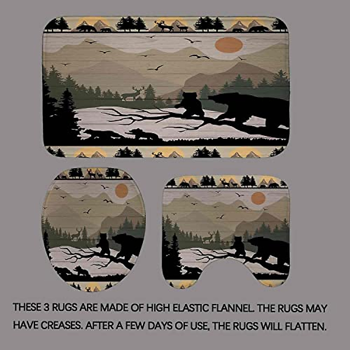 Dia Magico 4PCS Black Bear Shower Curtain Set with Rugs, Sun Mountain Birds Deer Elk Moose Wildlife Hunting Cabin Lodge Pine Tree Woodland Country Rustic Farmhouse Bathroom Decor, Mother Bear & Cubs