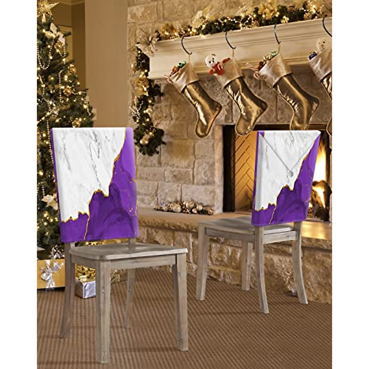 MUSEDAY Christmas Chair Covers Dining Chair Back Covers 6PCS, Marble Kitchen Chair Slipcovers Protective Covers for Xmas Wedding Hotel Holiday Party, Purple and Gray Modern Art Texture