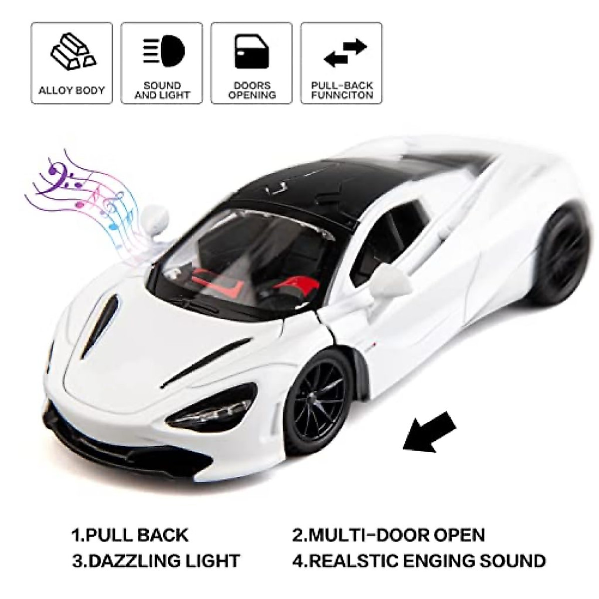 WAKAKAC Model Car 1/32 720S Zinc Alloy Diecast Pull Back Toy Car with Sound and Light, Toy Vehicle Door Can Be Opened Collectible Gift(White)