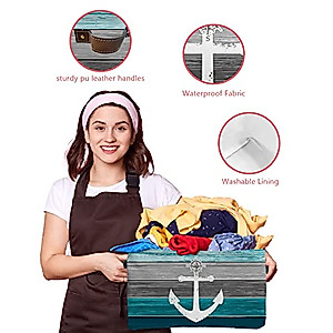 Turquoise Grey Ombre Wood Storage Basket Waterproof Cube Storage Bin Organizer with Handles, Beach Nautical Anchor Ocean Coastal Collapsible Storage Cubes Bins for Clothes Books Toys 15"x11"x9.5"