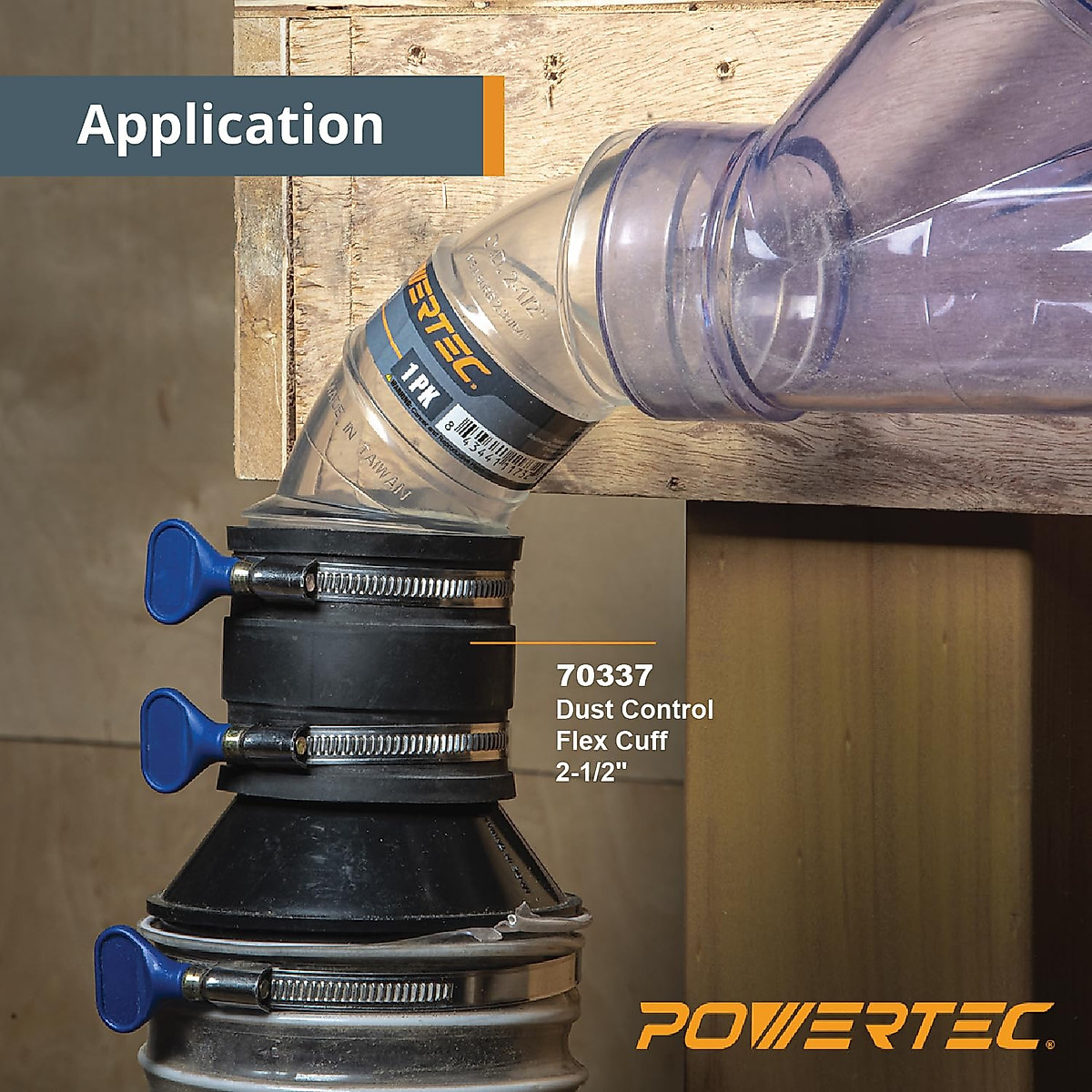 POWERTEC 70402 4" Hose to 2-1/2" Hose Cone Reducer and 2-1/2" Dust Control Flex Cuff with Adjustable Key Hose Clamps for Dust Collection on Power Tool and Vacuum