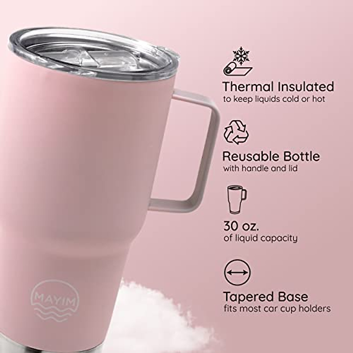 Mayim Large Travel Coffee Mug Tumbler with Clear Slide Lid and Handle, Reusable Vacuum Insulated Double-Wall Stainless-Steel Thermos, Fits in Cup Holder, 30oz., Blush