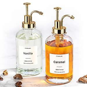 Combler Coffee Syrup Dispenser for Coffee Bar Accessories, 16.9oz 500ml Syrup Bottles 2pcs Set, Glass Syrup Dispenser w. Gold Pumps and Labels, Coffee Accessories for Cinnamon, Vanilla, Caramel, Gifts