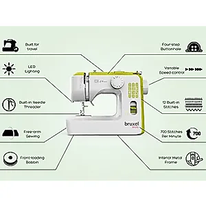 Bruxel Linda Portable Sewing Machine | Easy-To-Use Beginners Sewing Machine with 12-Stitches |Foot Pedal Included | Sewing Machine Accessories Green