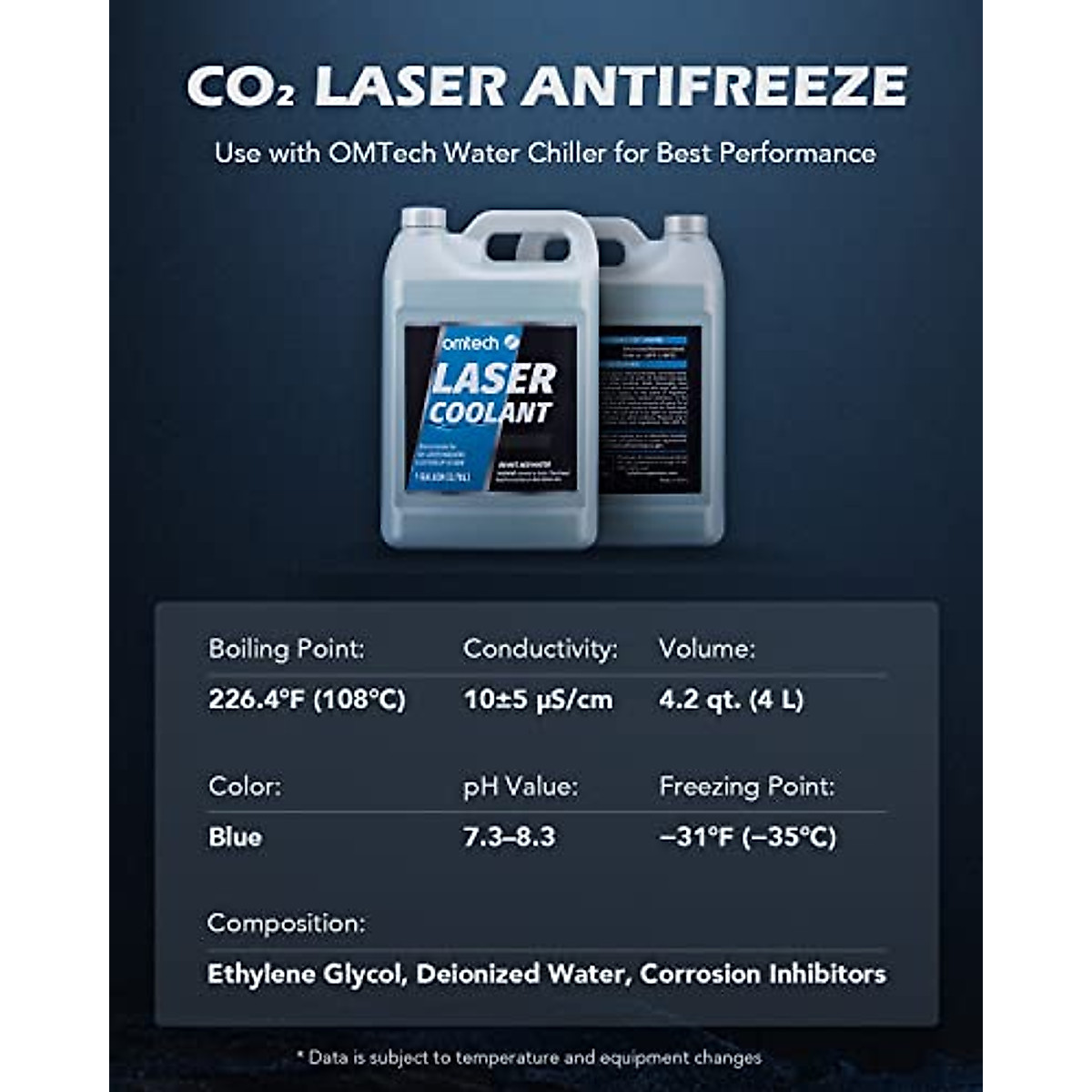 OMTech CO2 Laser Coolant Non Conductive Liquid Cooler Heat Transfer Fluid for Laser Engraver Water Chiller, Prediluted Antifreeze Coolant for Laser Tubes, 1 gal Blue Transparent Water Cooling Solution