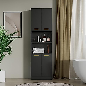 Cozy Castle Kitchen Pantry Storage Cabinet 75" Tall 4 Doors Wood Freestanding Cupboard with Open Countertop and Adjustable Shelves Utility Cabinets for Dining Room Living Room Laundry Bathroom, Black