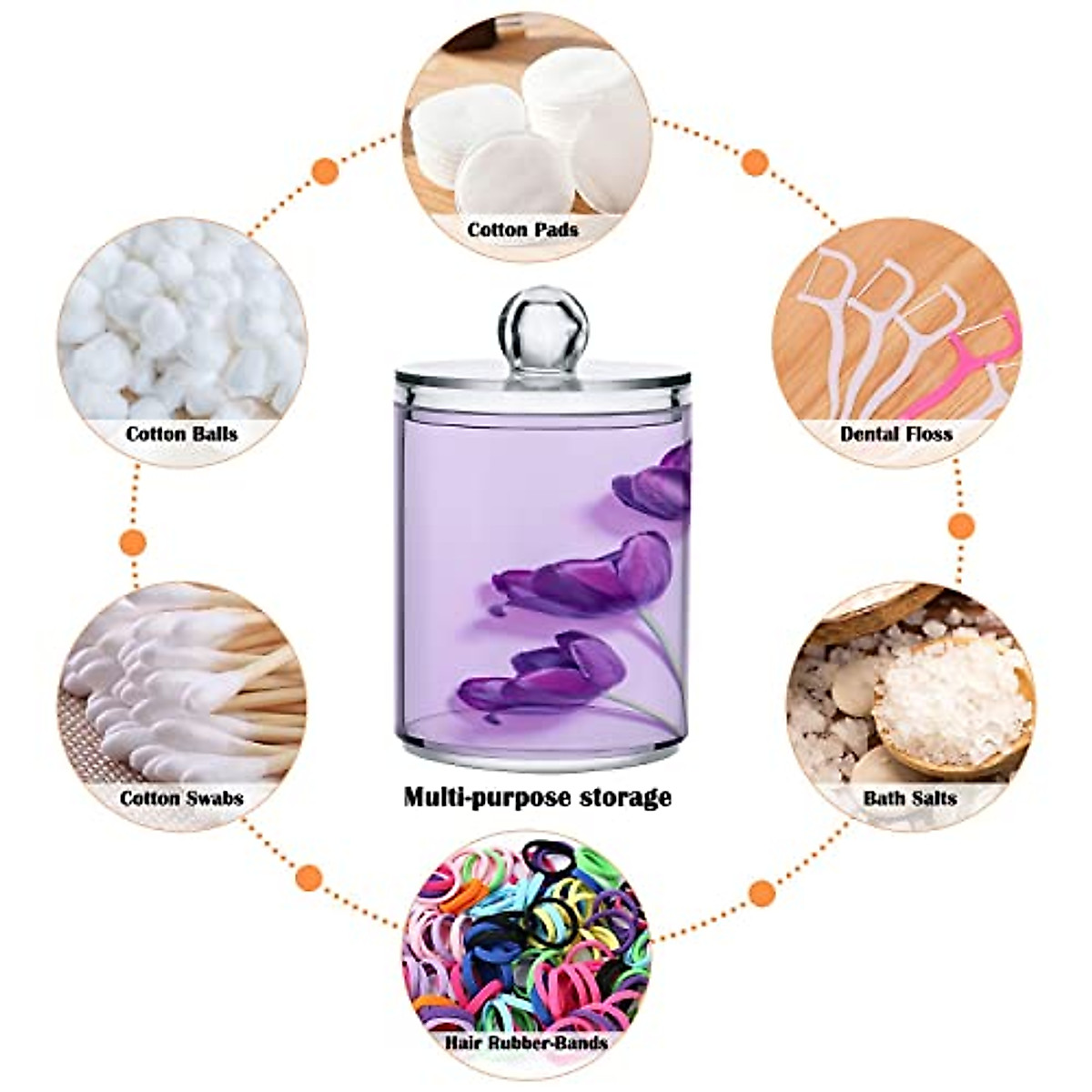Kigai 2PCS Purple Tulips Qtip Holder Dispenser with Lids - 14 oz Bathroom Storage Organizer Set, Clear Apothecary Jars Food Storage Containers, for Tea, Coffee, Cotton Ball, Floss