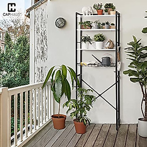 CAPHAUS Over The Toilet Storage, 4-Tier Bathroom Organizer, Freestanding Toilet Shelf, Multifunctional Space Saver Toilet Rack with 4 Hooks, Laundry Organizer, Plant Stand for Balcony (Marble White)